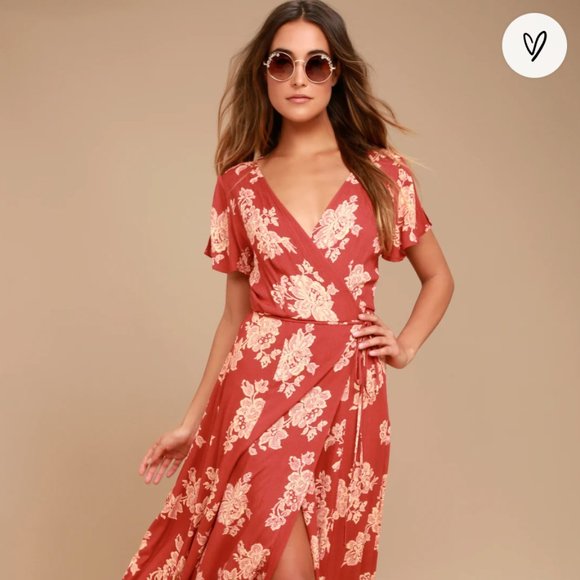 Lulus | Dresses | Lulus Heart Of Marigold Rust Red Floral Print Wrap ...